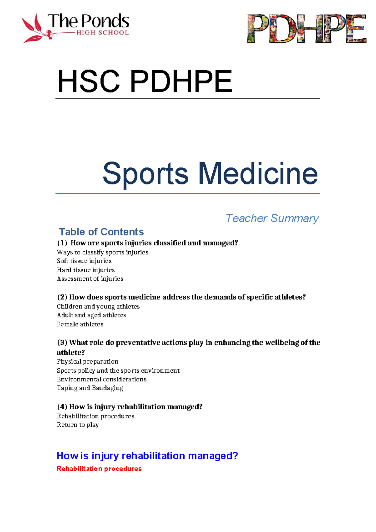 Sports Med HSC PDHPE: Injury Classification & Management Notes - Studocu