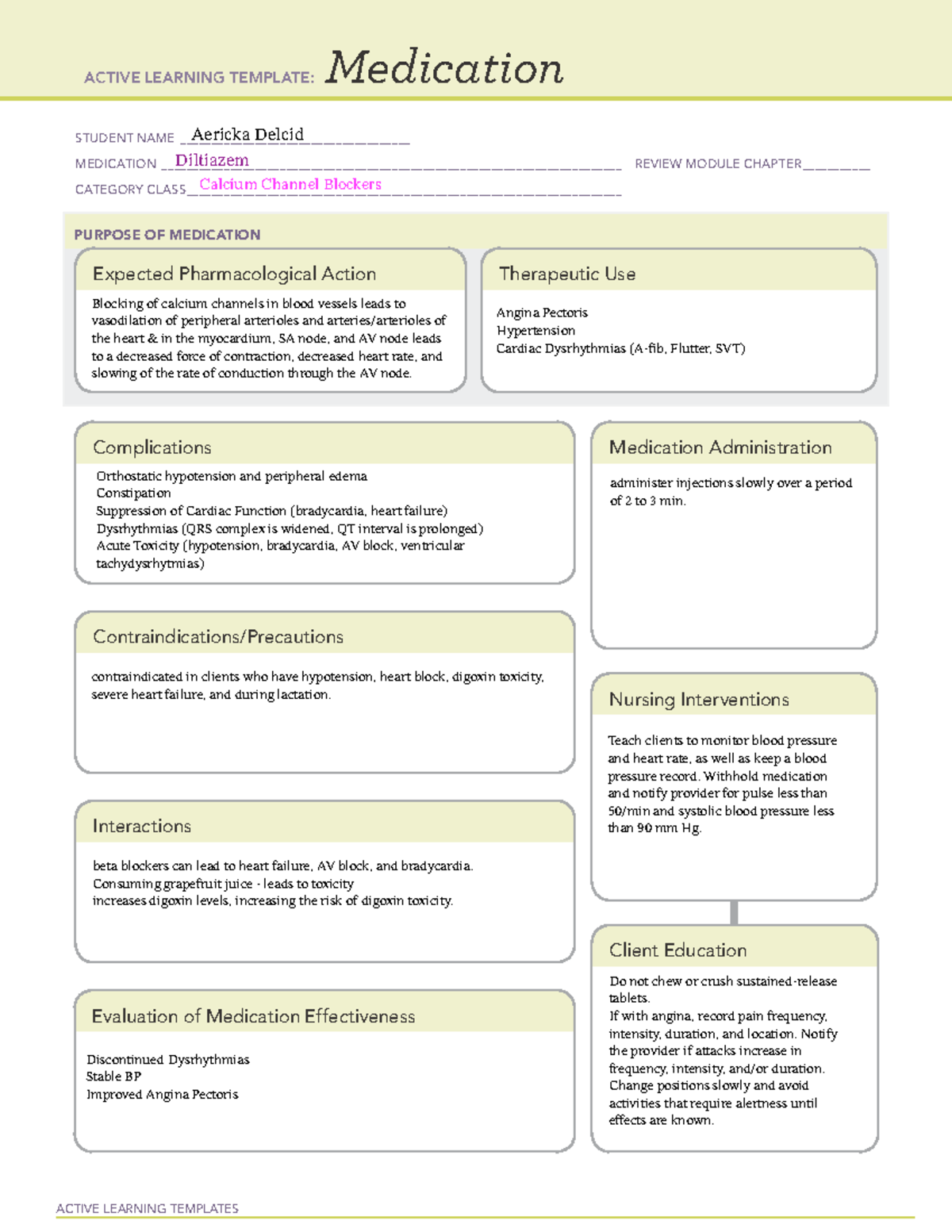 ACTIVE LEARNING TEMPLATE: Diltiazem - ATI Medication Review - Studocu