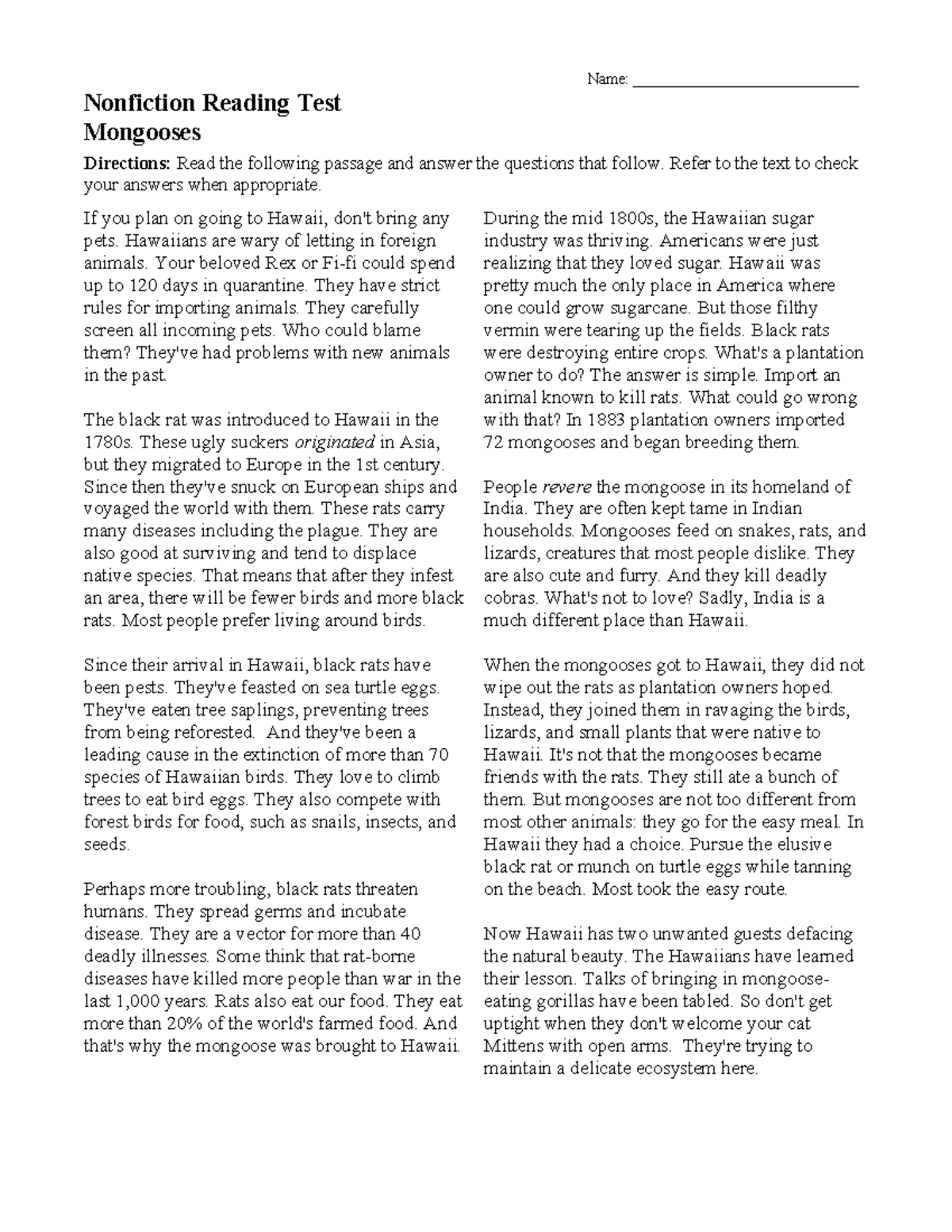 Nonfiction reading test mongooses - Name ...