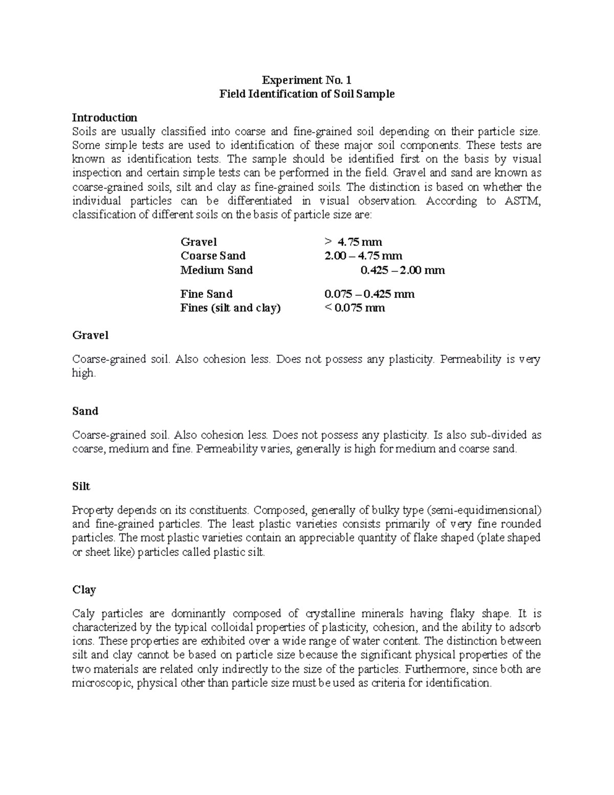Experiment 1: Field Identification of Soil Samples - Studocu