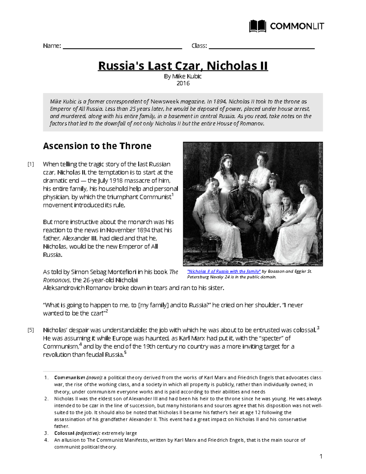 Commonlit russia-s-last-czar-nicholas-ii student - Name: Class ...