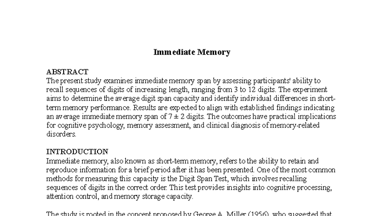 Immediate Memory Study: Digit Span Test Analysis - Studocu