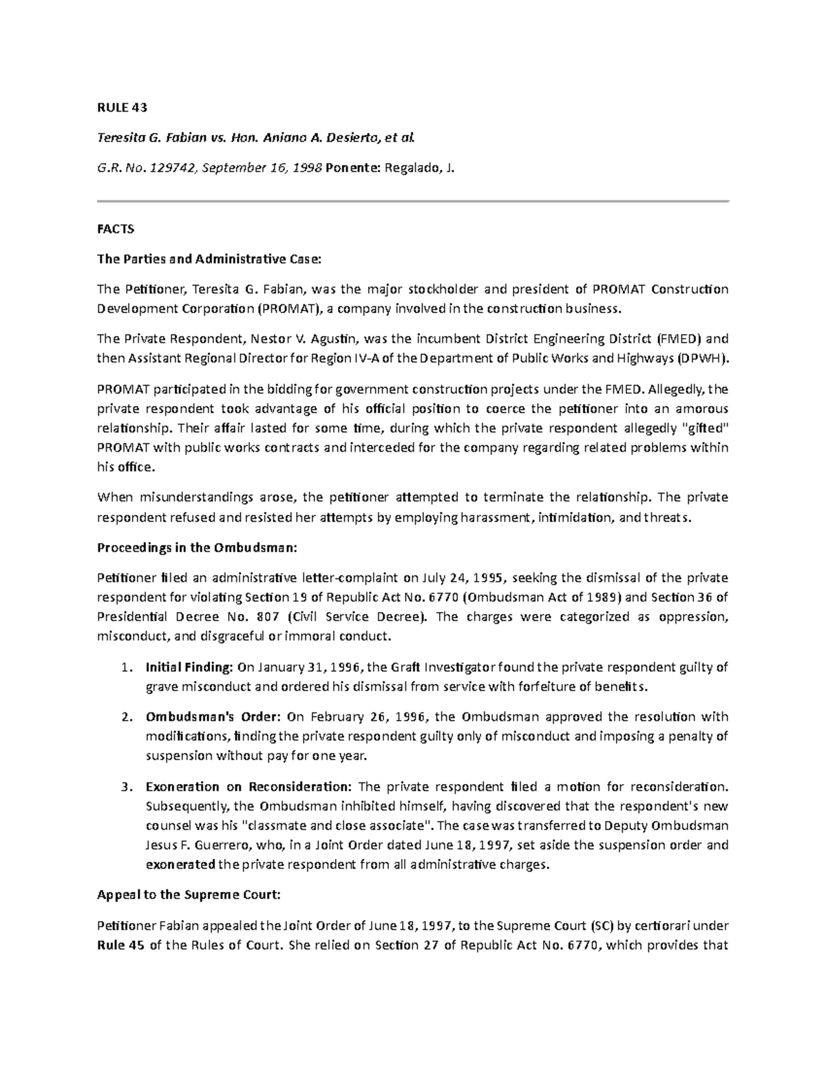RULE 43 Digest: Key Cases and Rulings on Administrative Appeals - Studocu