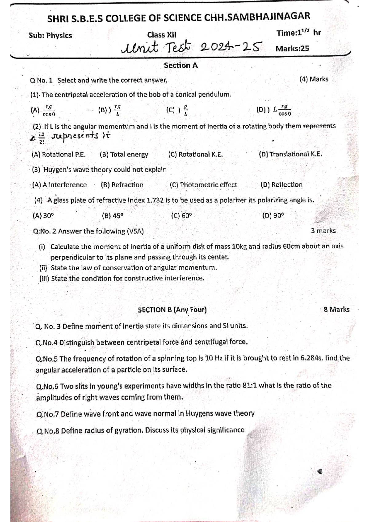 Unit Test class XII Physics - Copy - SHRI S.B.E COLLEGE OF SCIENCE CHH ...