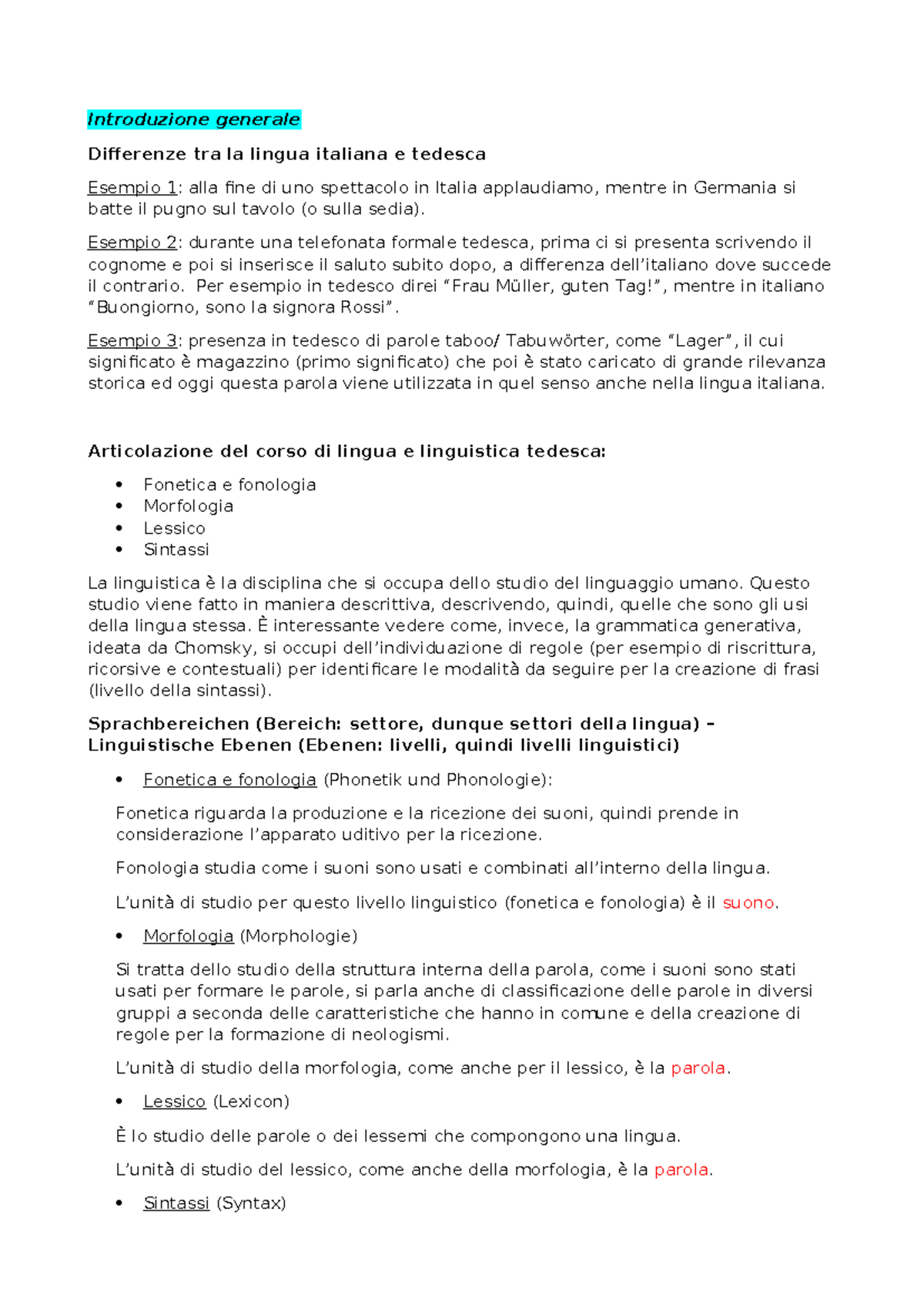 Introduzione alla Lingua Tedesca I: Differenze con l'Italiano - Studocu