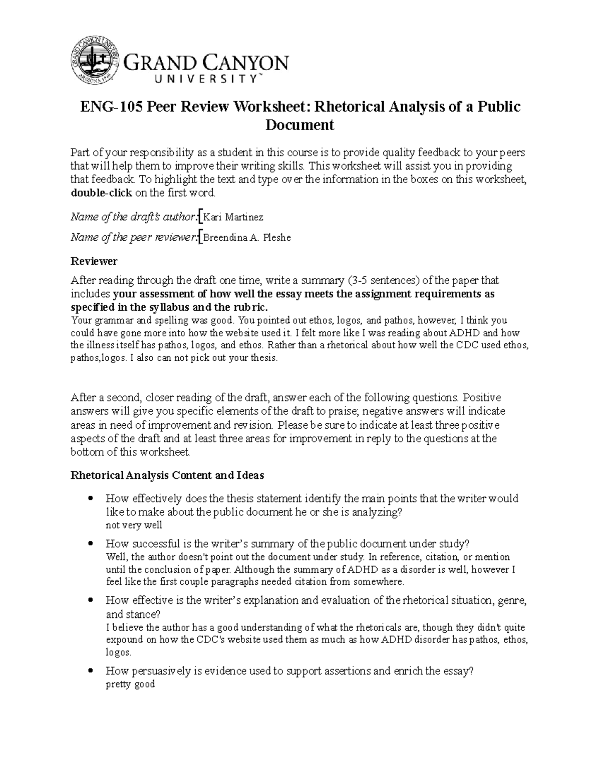 ENG105 Rhetorical Analysis Peer Review Worksheet Summary & Feedback ...