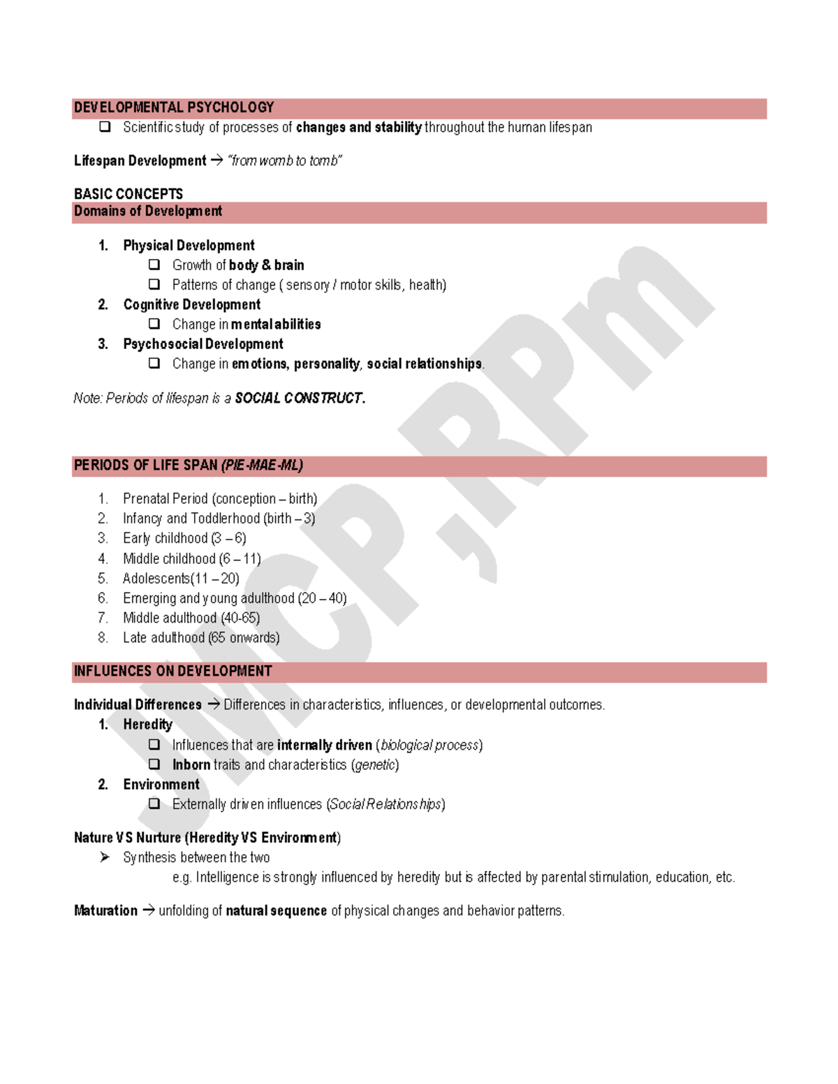 DEVELOPMENTAL PSYCHOLOGY (PSY 101) Summary of Key Concepts and Theories ...
