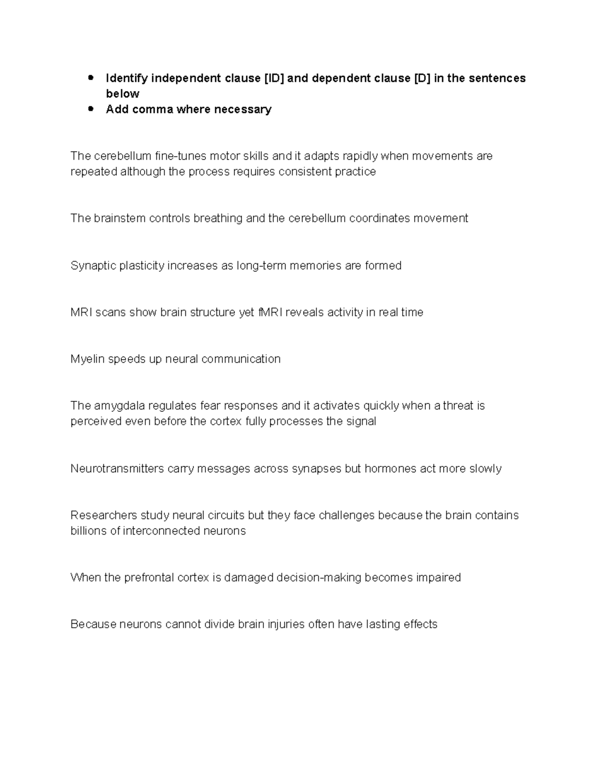 Sentence Types Practice (ENG 101): Independent & Dependent Clauses ...