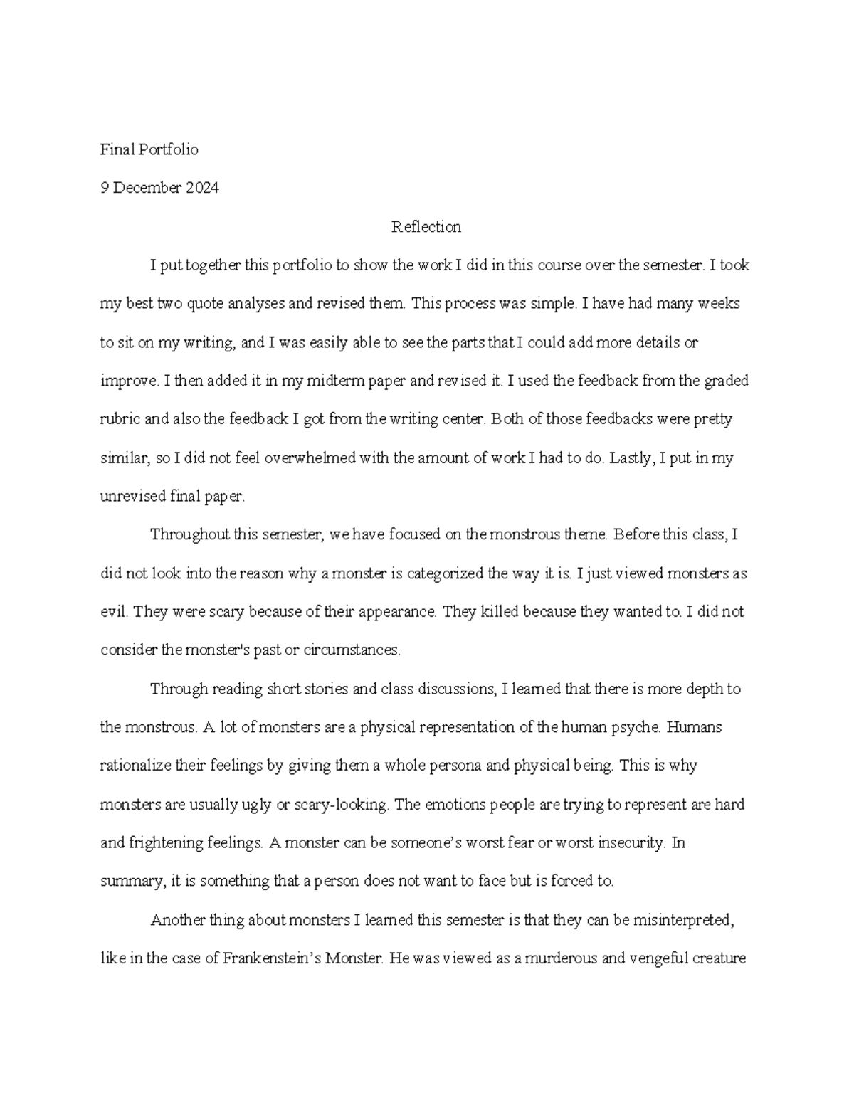 Final Portfolio - I took my best two quote analyses and revised them ...
