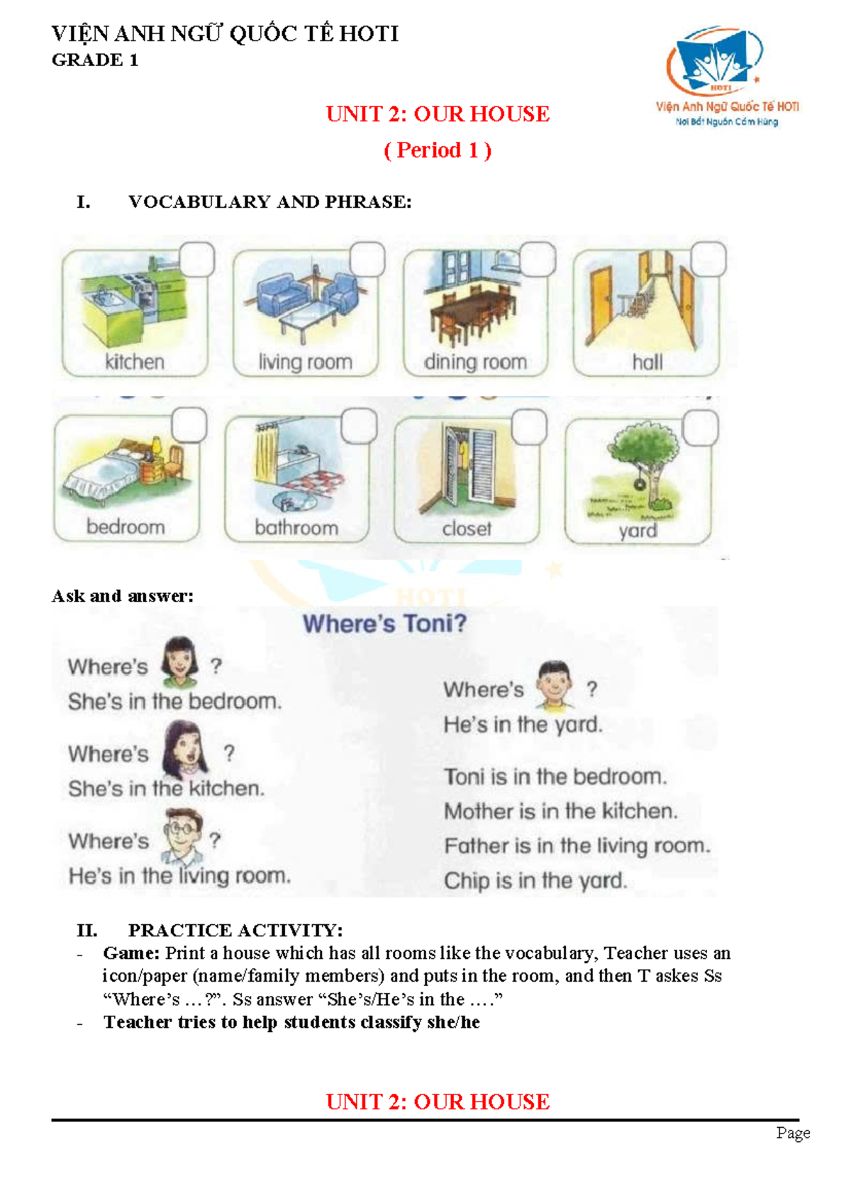 GRADE 1 UNIT 2: OUR HOUSE (Periods 1-5) Vocabulary & Activities - Studocu