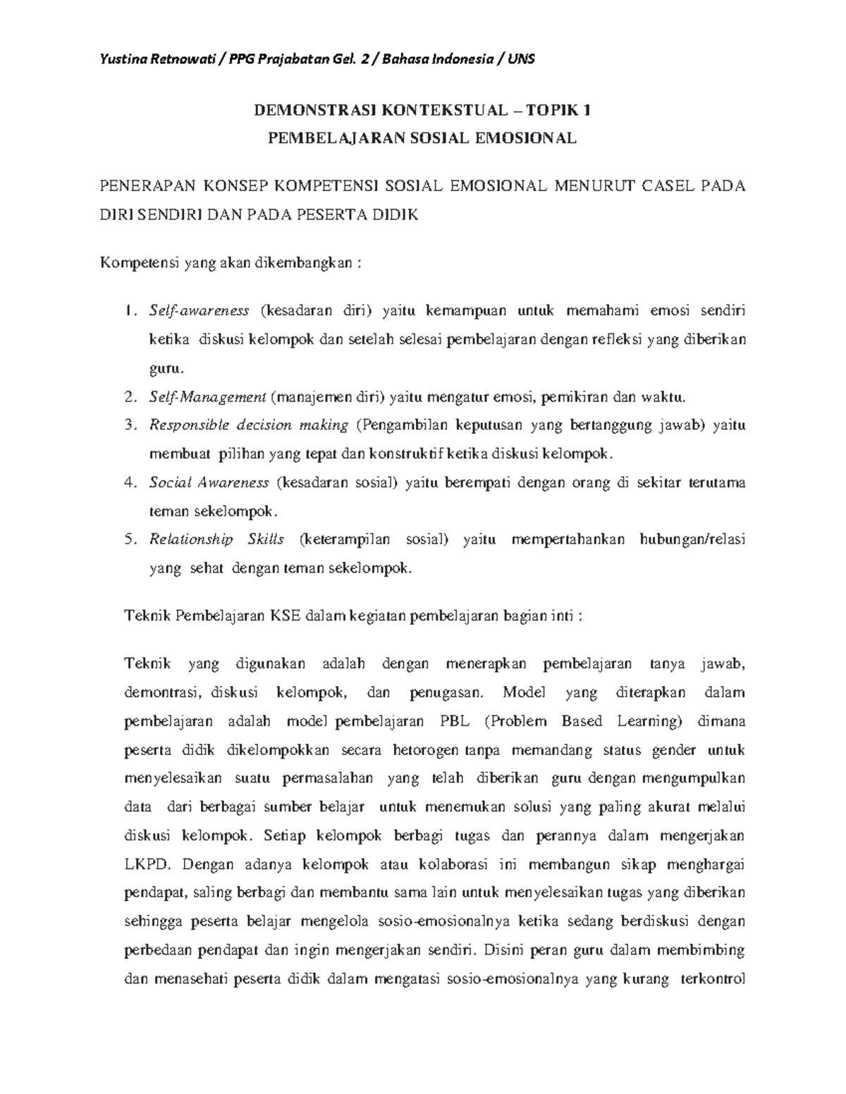 Demonstrasi Kontekstual - Topik 1: Pembelajaran Sosial Emosional - PSE - Studocu