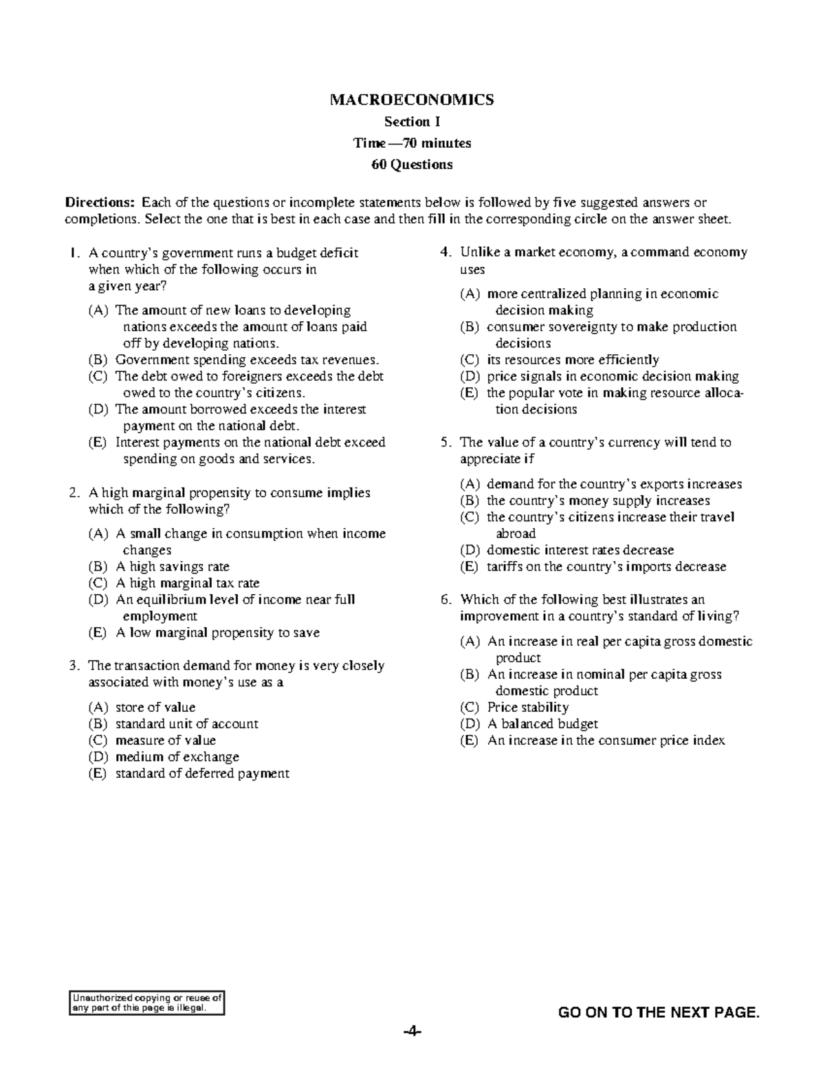 MACROECONOMICS 2012 Public Practice Exam: Section I Questions - Studocu
