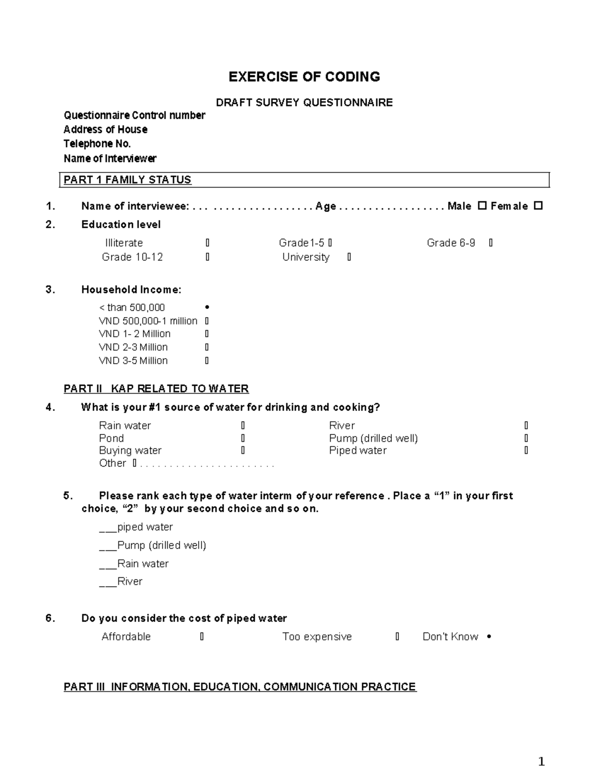 Exercise coding -EN - EXERCISE OF CODING DRAFT SURVEY QUESTIONNAIRE ...