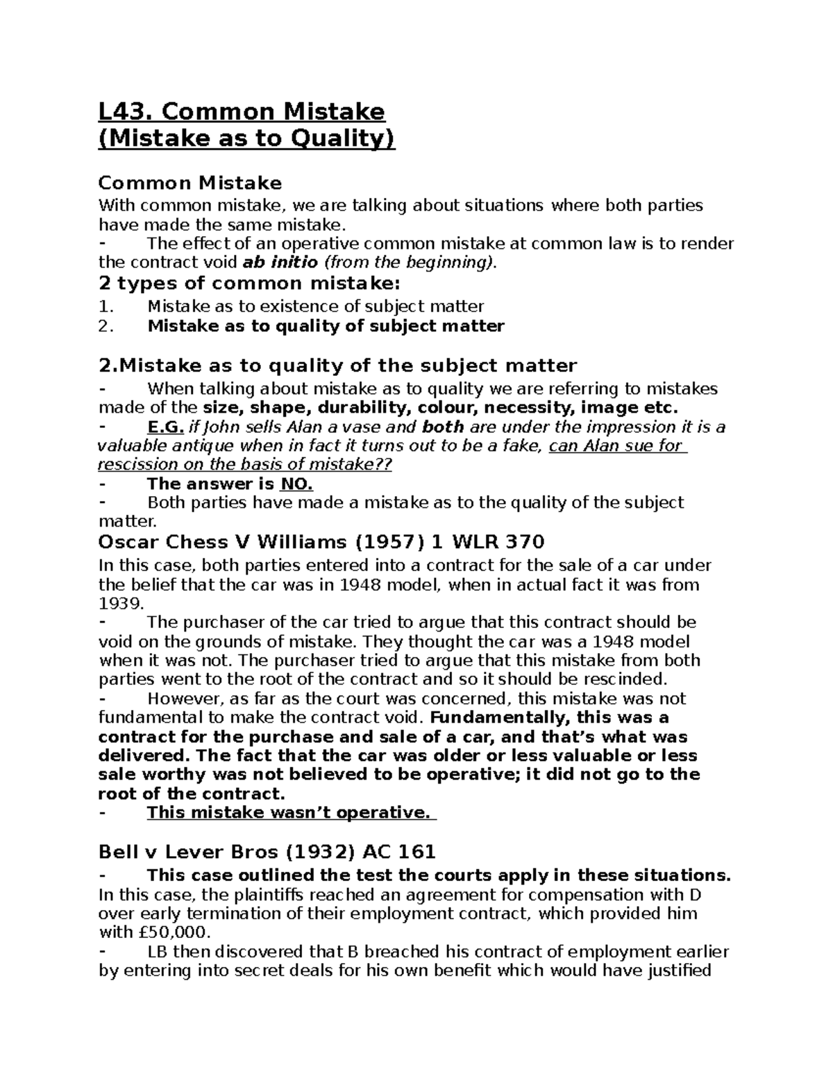 L43. Common Mistake: Understanding Mistake as to Quality - Studocu