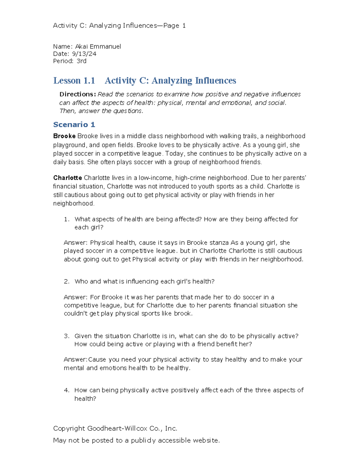 Lesson 1 Activity C: Analyzing Influences on Health - Ch01 - Studocu