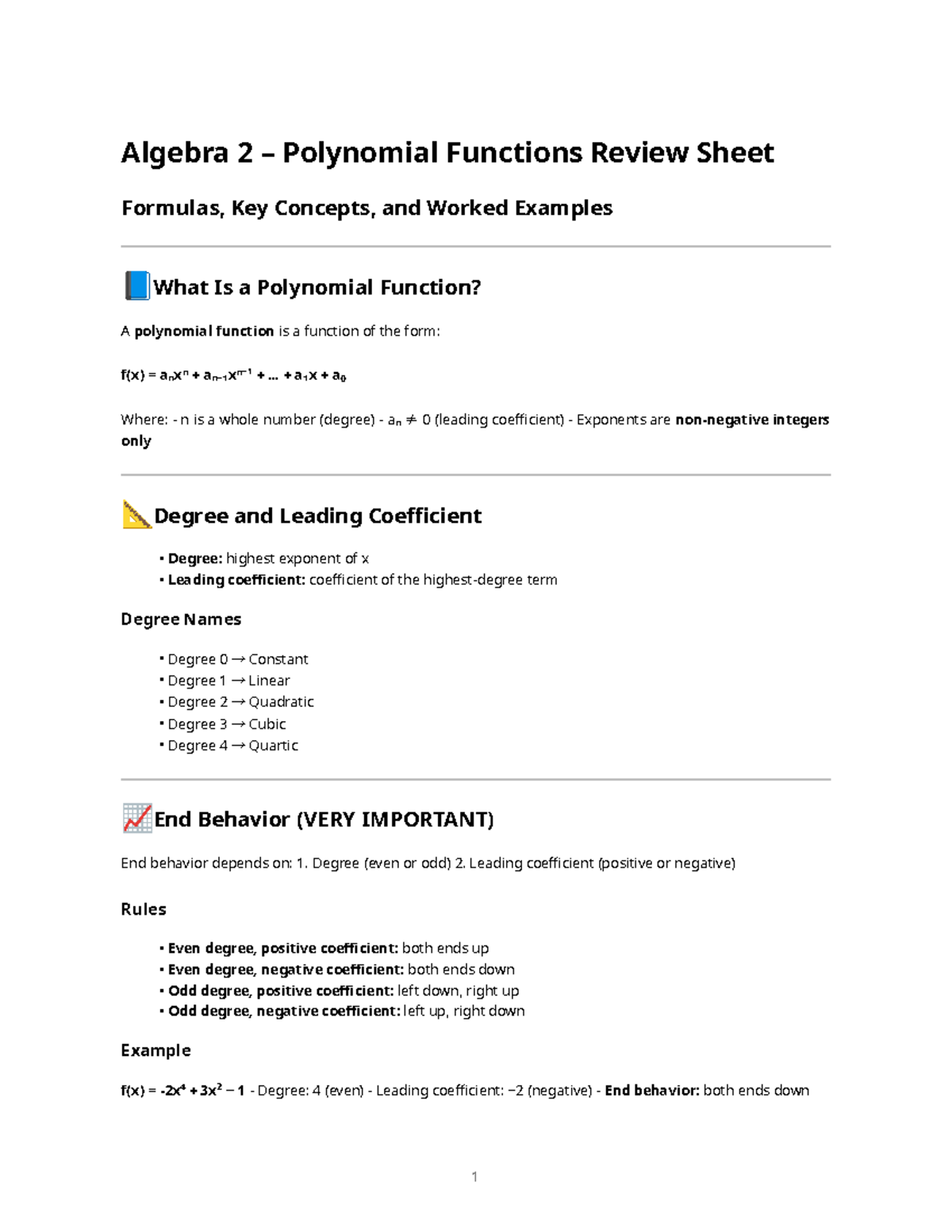 Algebra 2 – Polynomial Functions Final Review: Key Concepts & Examples ...
