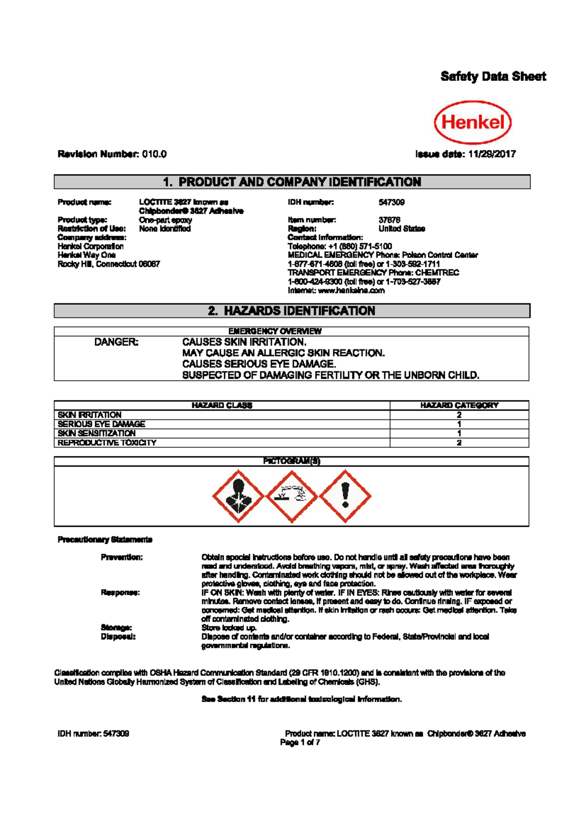 Safety Data Sheet for LOCTITE 3627 Adhesive (IDH 547309) - Studocu