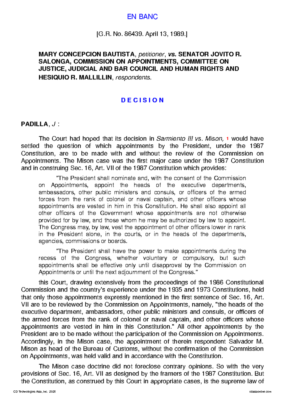 Bautista v. Salonga: Supreme Court Decision on CHR Appointment - Studocu