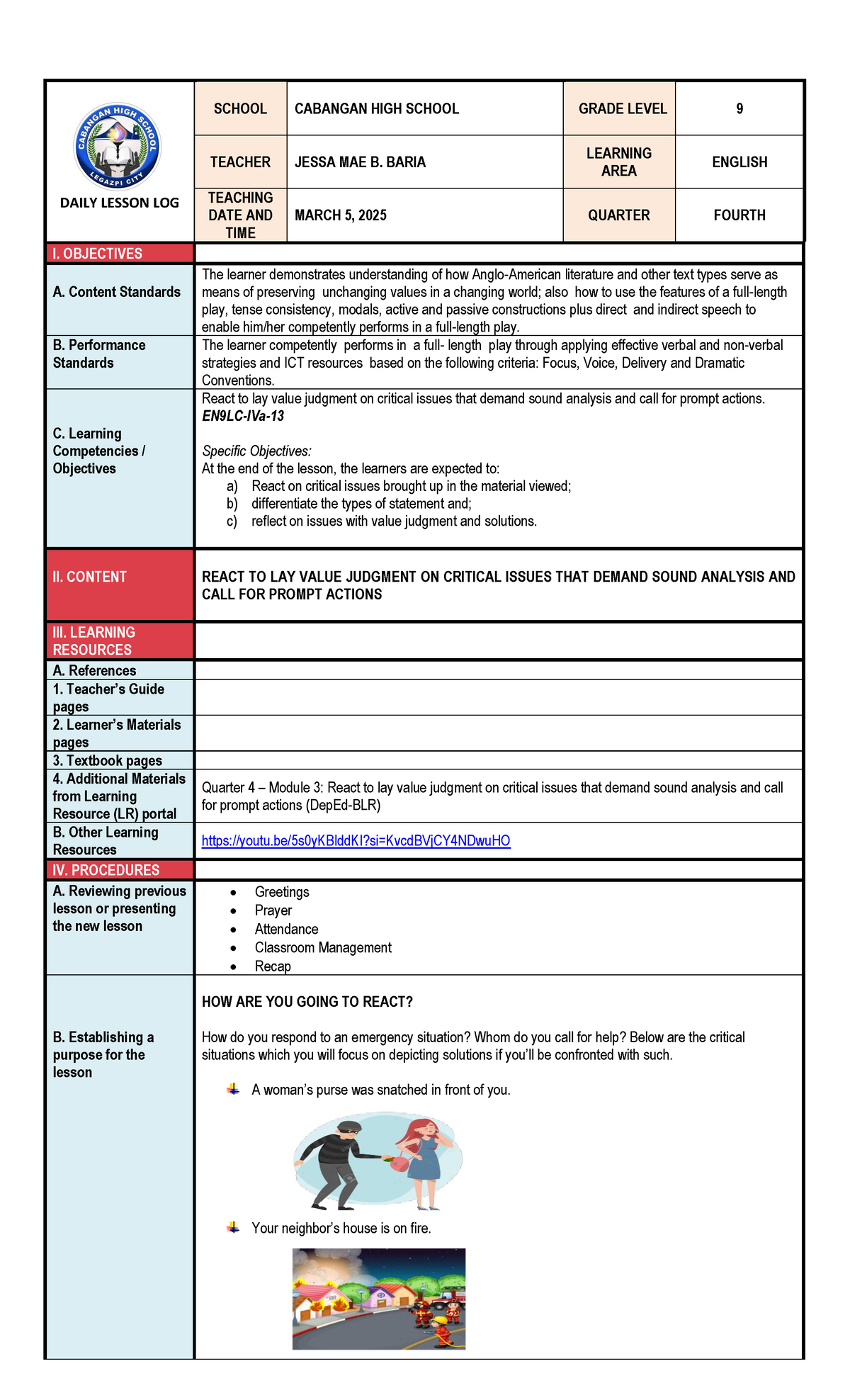EN9 - React to Lay Value Judgment - Final Lesson Plan - Studocu