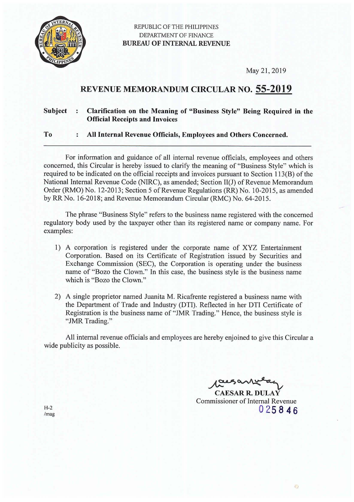 RMC No. 55-2019: Clarification on Official Receipts & Invoices - Studocu