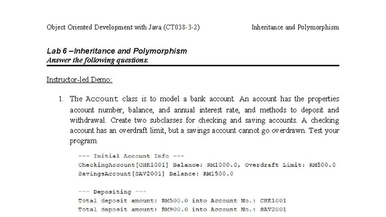 OOP with Java: Inheritance & Polymorphism Lab 6 Tutorial - Studocu