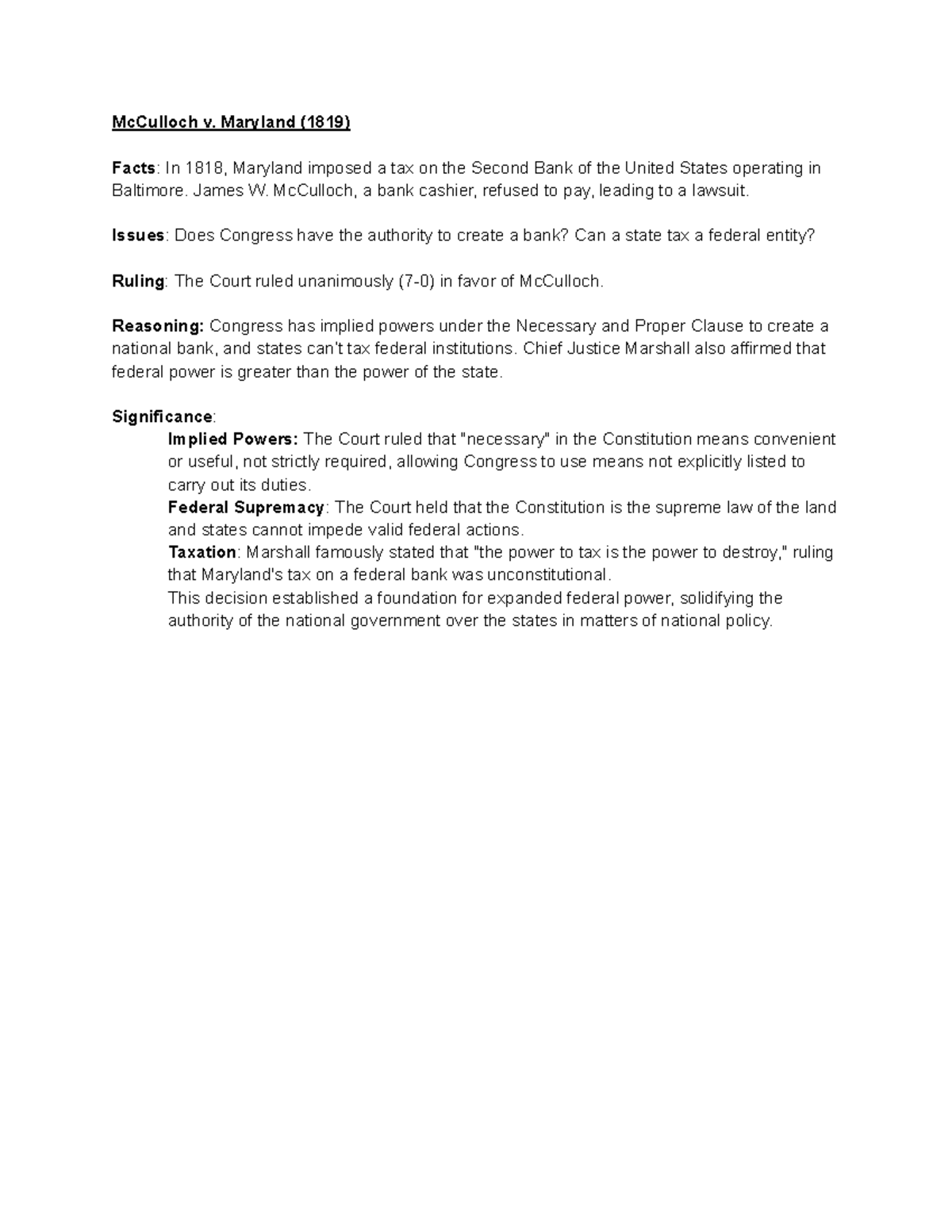 McCulloch v. Maryland (1819) - Key Facts & Rulings Summary - Studocu