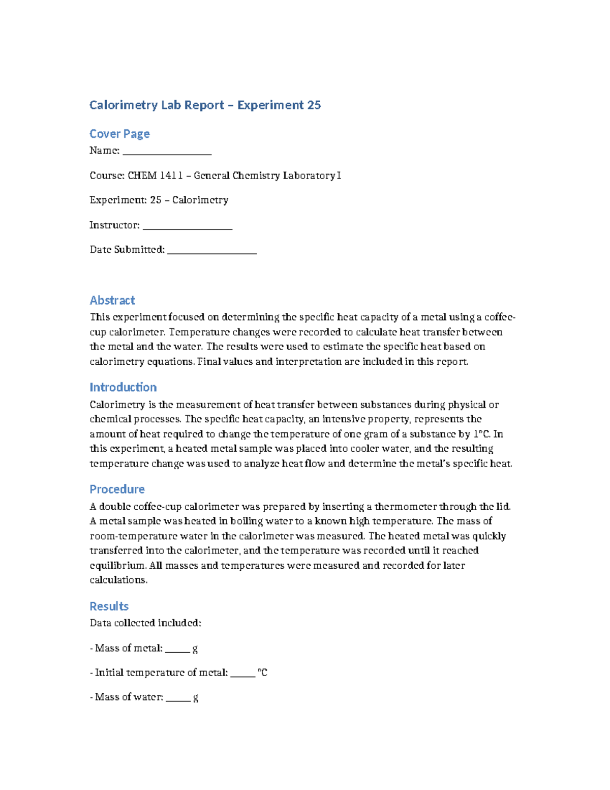 CHEM 1411 Calorimetry Lab Report: Specific Heat Determination - Studocu