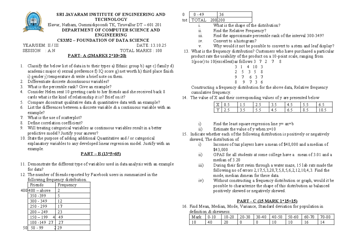 CS3352 Data Science II - Exam Questions & Analysis Guide - Studocu