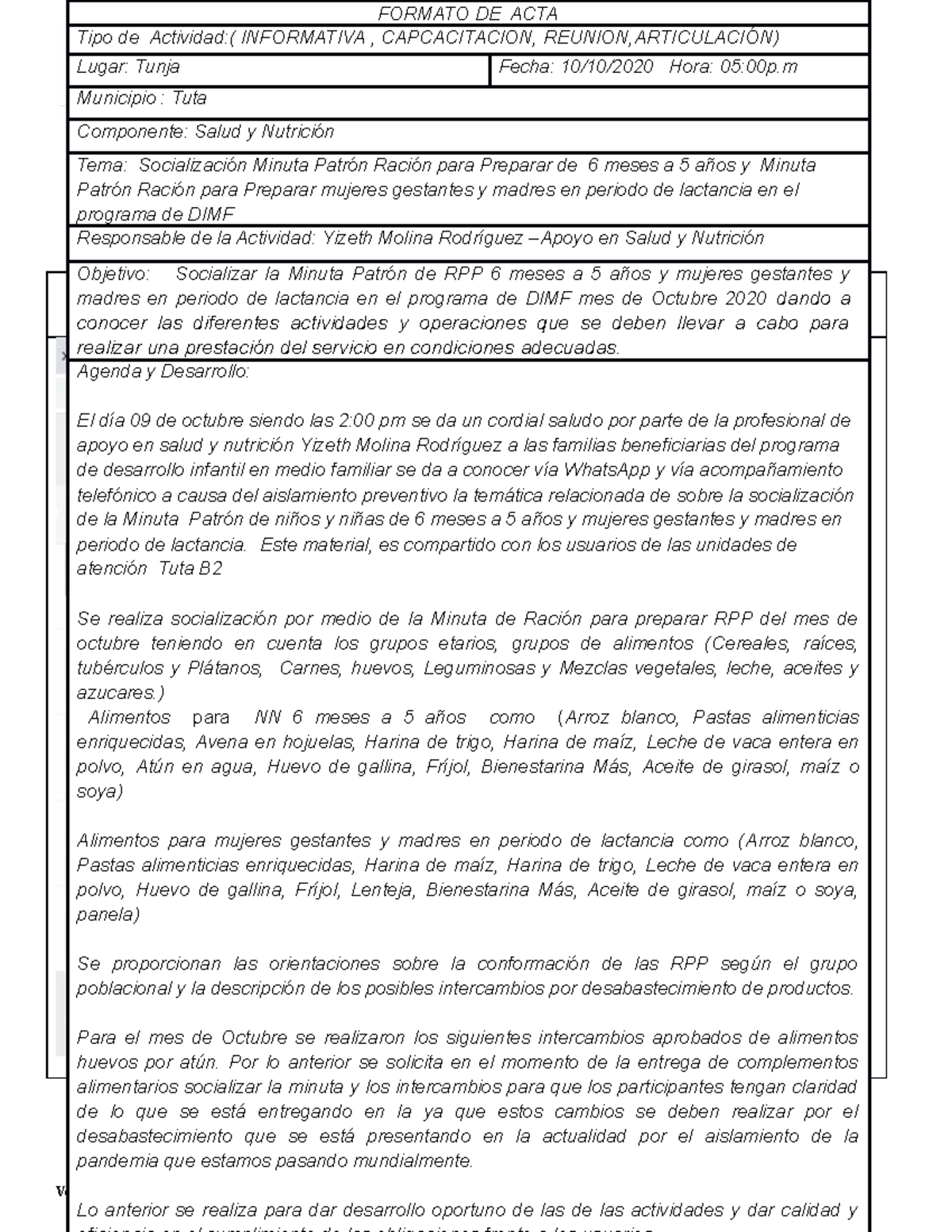 1. ACTA Socializacion Minuta - Salud Y Nutricion- TUTA B2 - NIT 901368800- DESARROLLO INFANTL EN ...