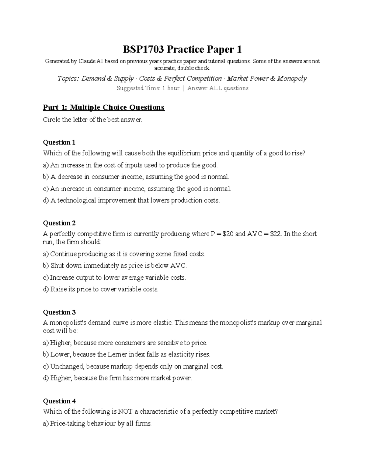 BSP1703 Practice Paper 1 - Demand, Supply, and Market Structures - Studocu
