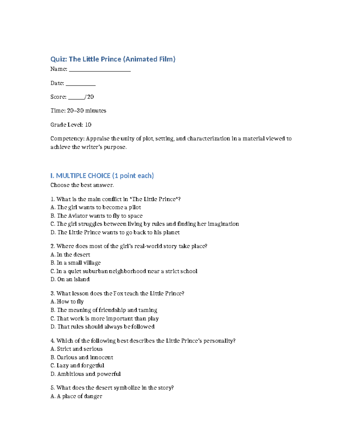 Quiz: The Little Prince Analysis - Grade 10 - Studocu