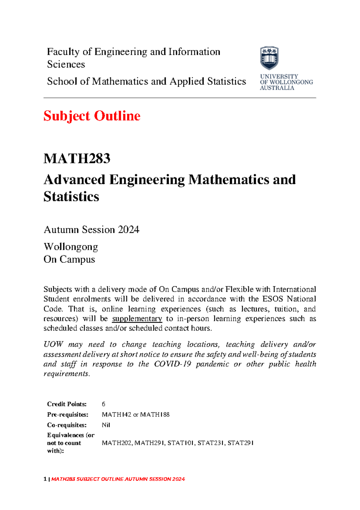 MATH283 Subject Outline - Advanced Engineering Mathematics & Stats ...