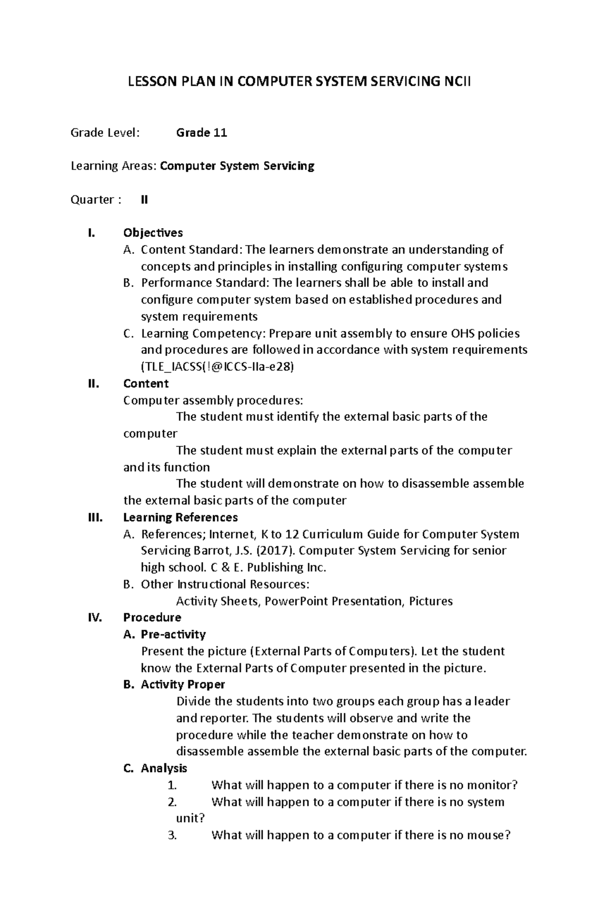 Lesson PLAN IN Computer System Servicing NCII Grade 11 - LESSON PLAN IN ...