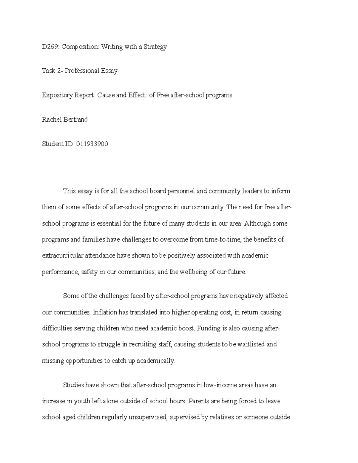 D269: Task 2 - Exploring Effects of Free After-School Programs Essay ...