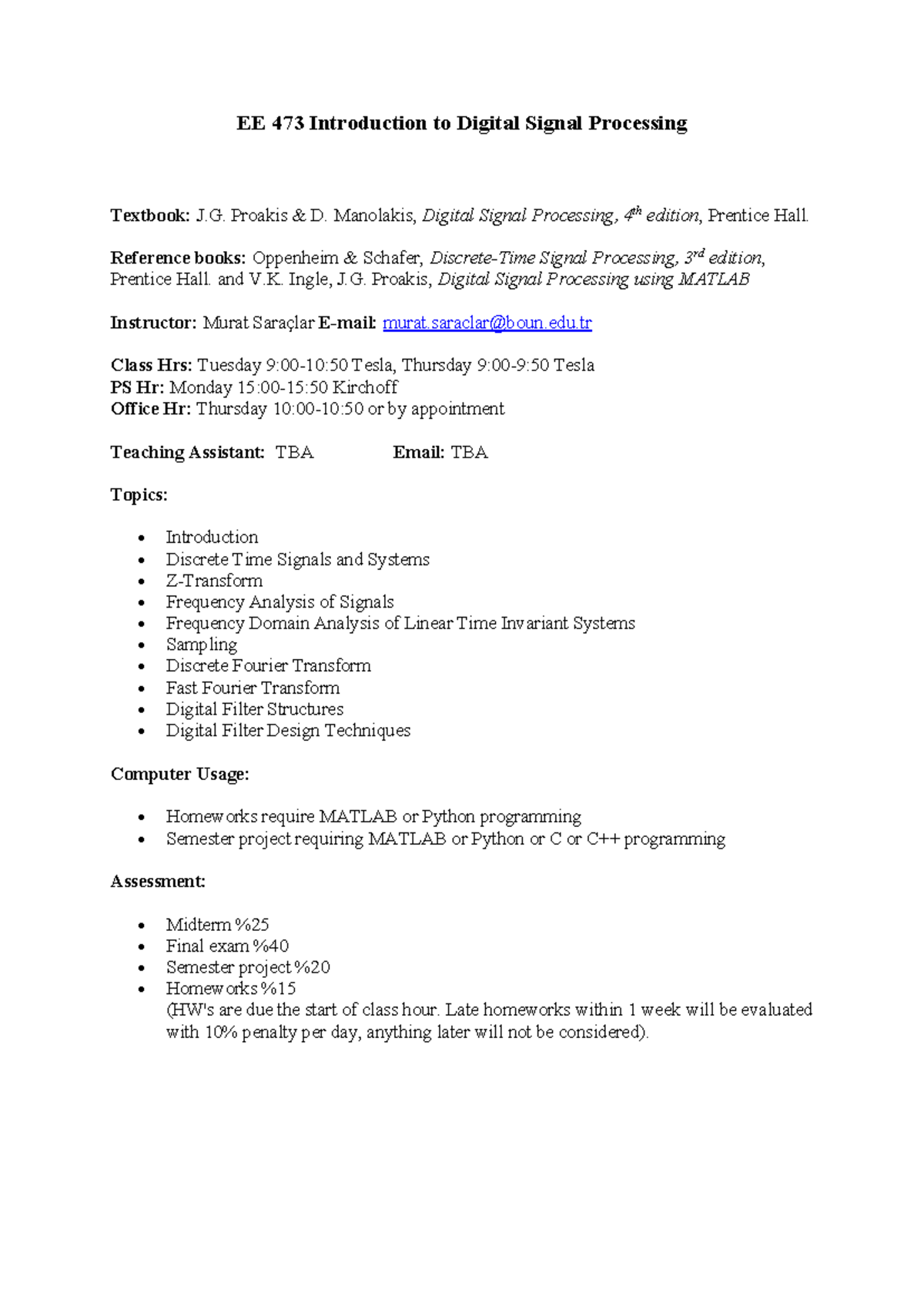 EE 47301 - Course description - EE 473 Introduction to Digital Signal ...