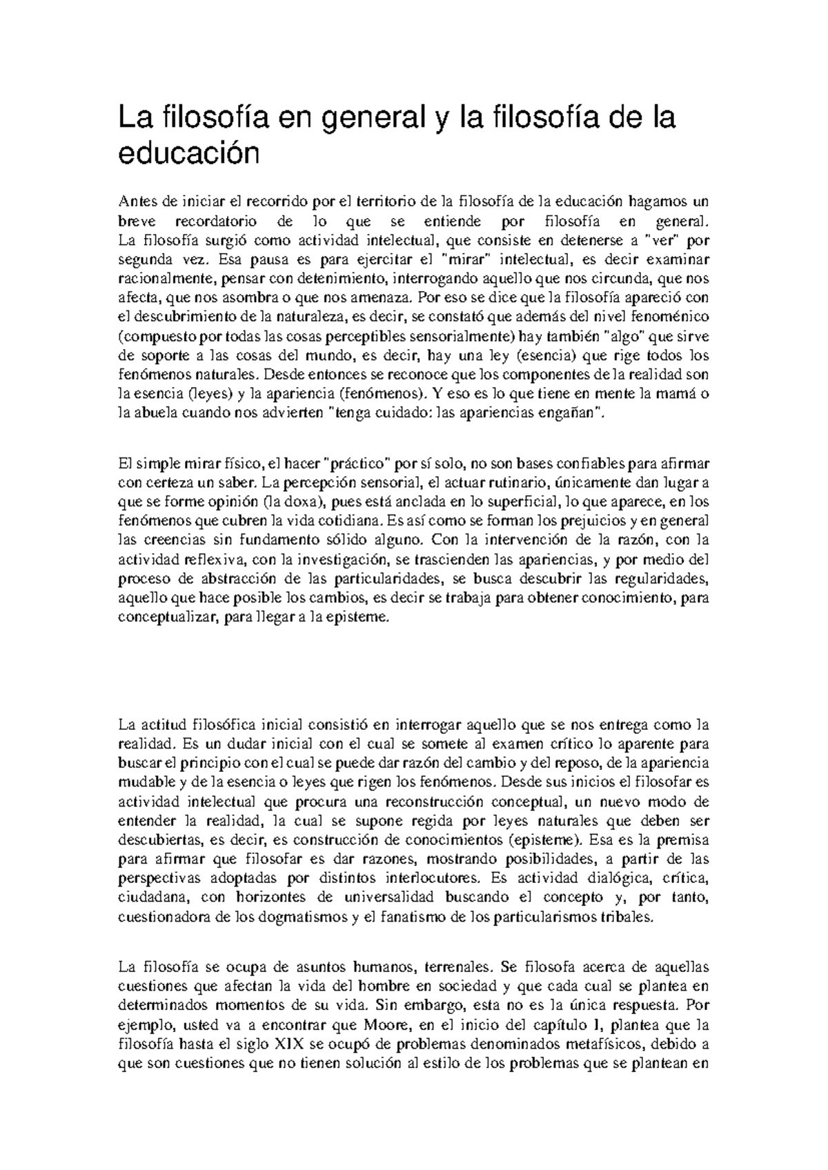 Filosofía General y Filosofía de la Educación: Unidad 1 - Studocu