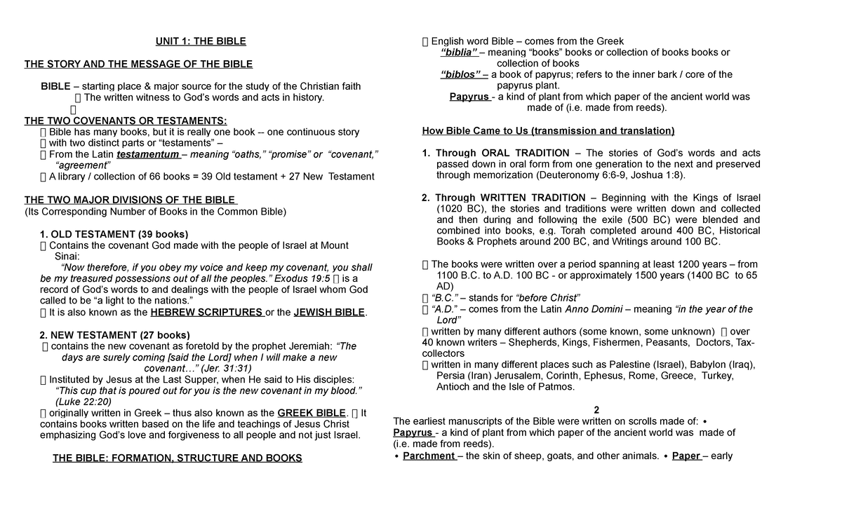 A Handbook in Christian Formation - UNIT 1: THE BIBLE THE STORY AND THE ...