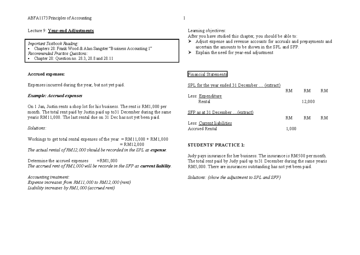 ABFA1173 Principles of Accounting: Year-End Adjustments & Practices ...