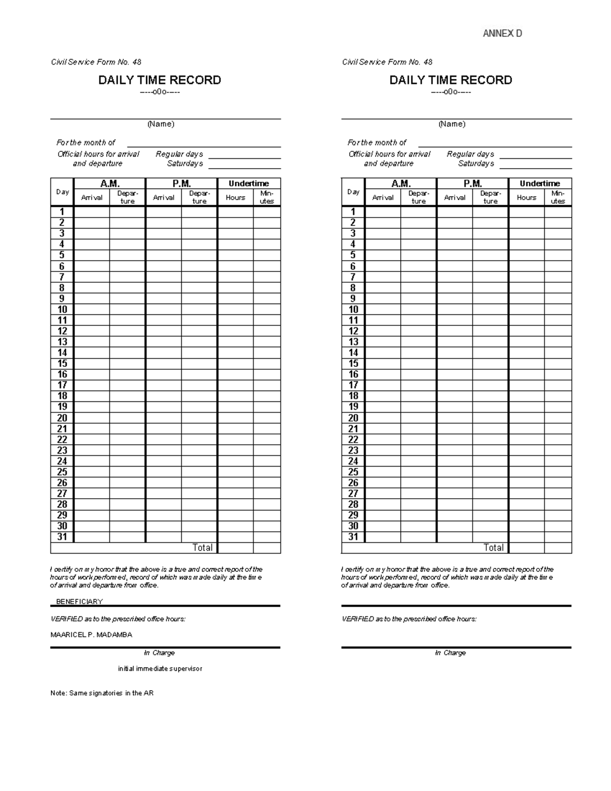 Daily Time Record Submission - Civil Service Form No. 48 - Studocu