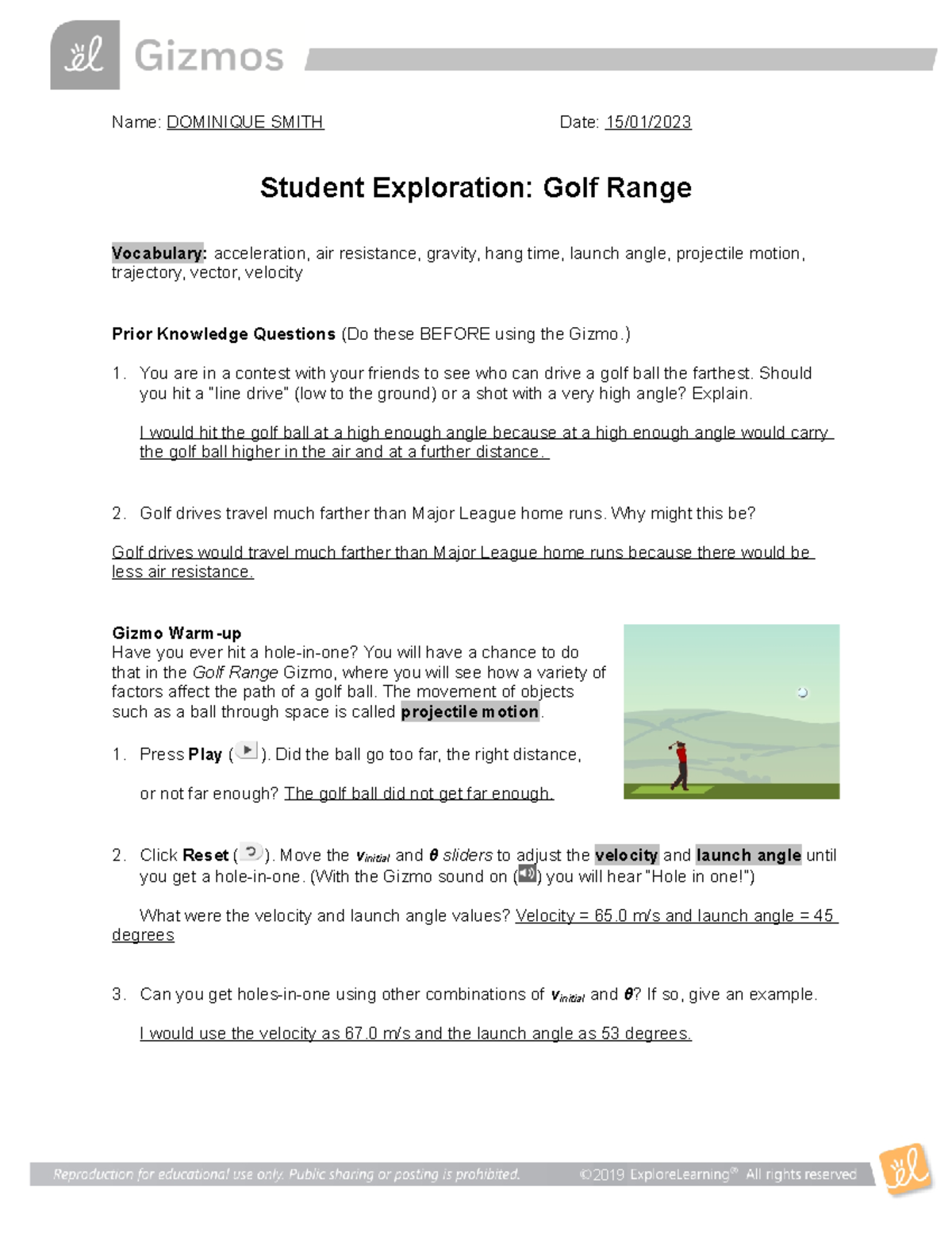 Golf Range Gizmo Worksheet: Exploring Projectile Motion Concepts - Studocu