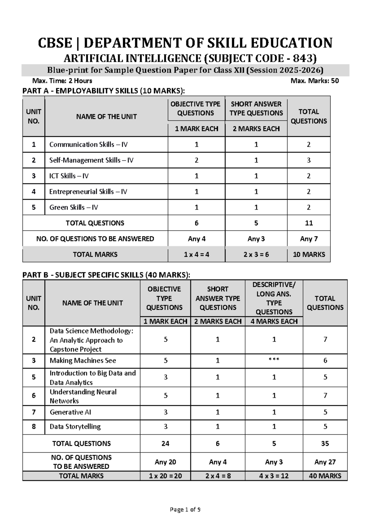 843 AI Sample Question Paper for Class XII - Skill Education - Studocu