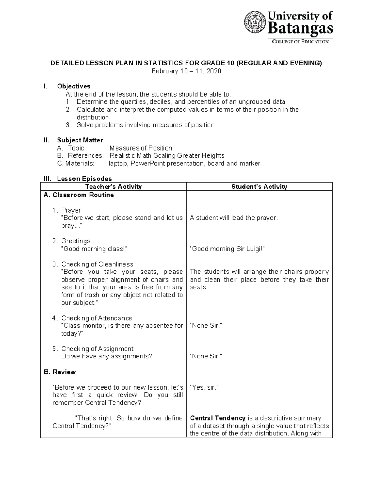 DETAILED LESSON PLAN ON MEASURES OF POSITION (DLP) FOR GRADE 10 - Studocu