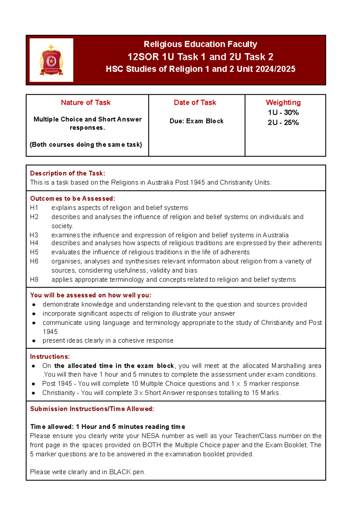 HSC 12SOR 1U & 2U Assessment: MC & Short Answer Tasks 2024/25 - Studocu