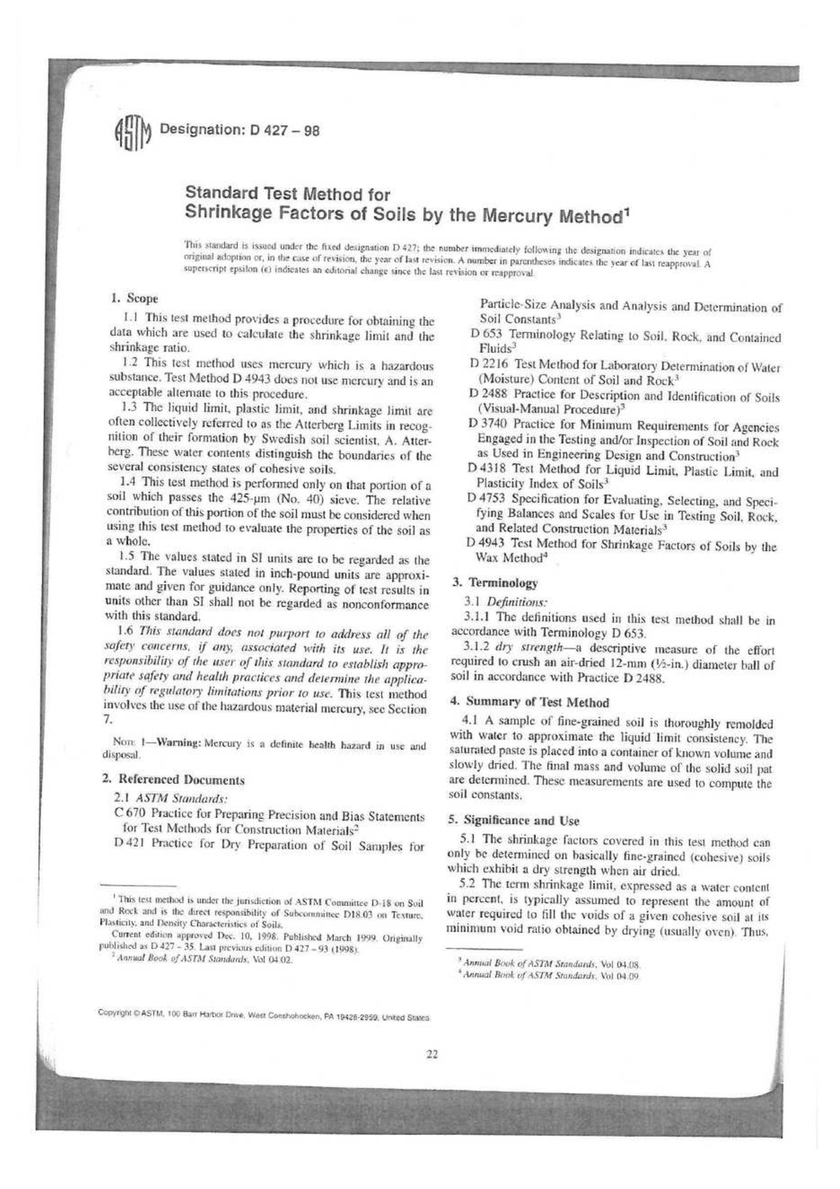 ASTM D 427-98 Standard Test Method for Soil Shrinkage Factors - Studocu