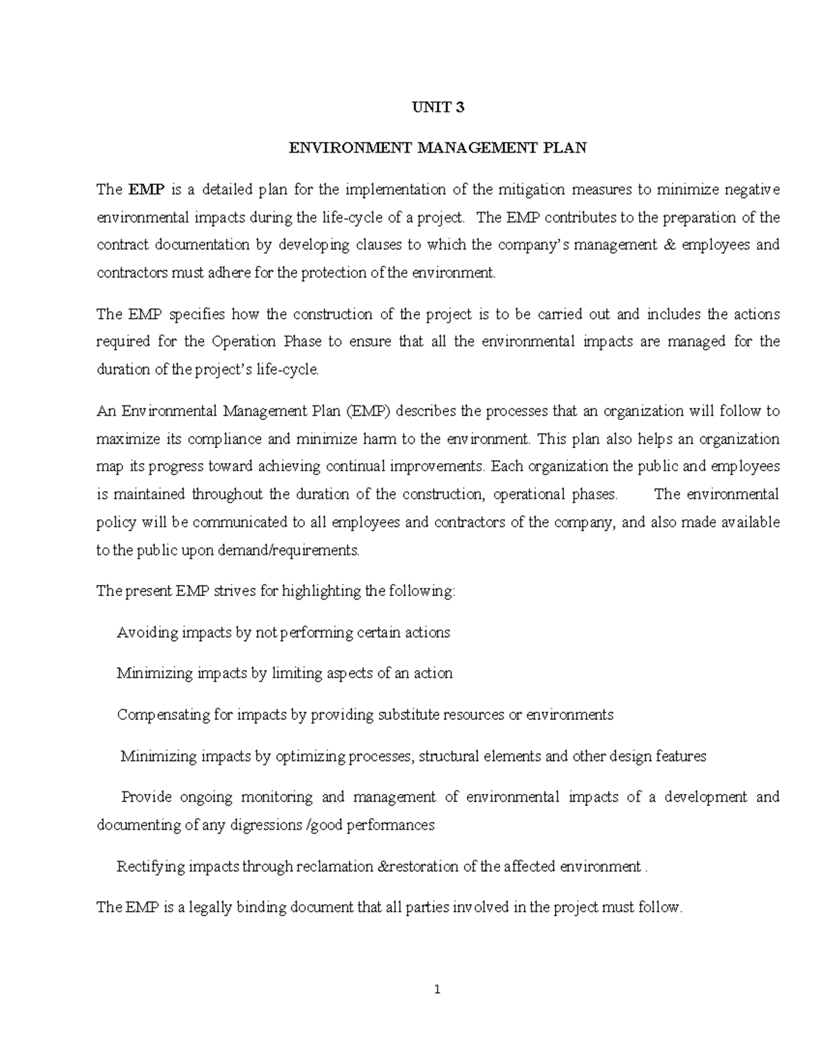 ESIA Unit 3 - Environmental Management Plan Study Material - Studocu
