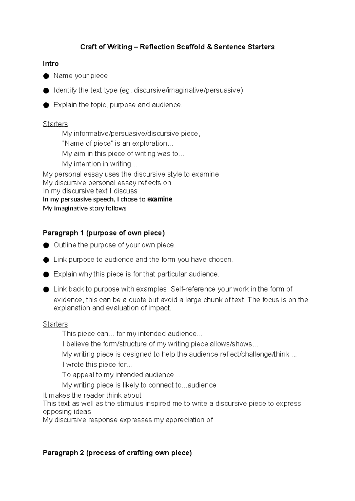 Craft of Writing Reflection Scaffold & Sentence Starters Guide - Studocu
