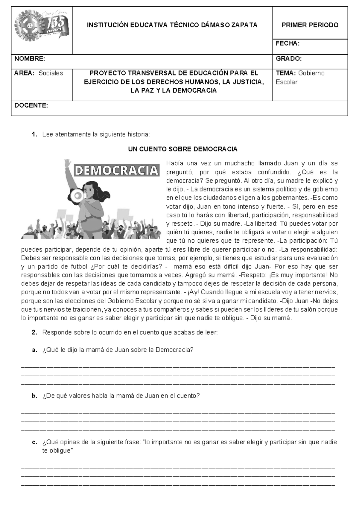 Guía #1 - Comprendiendo la Democracia y el Gobierno Escolar - Studocu