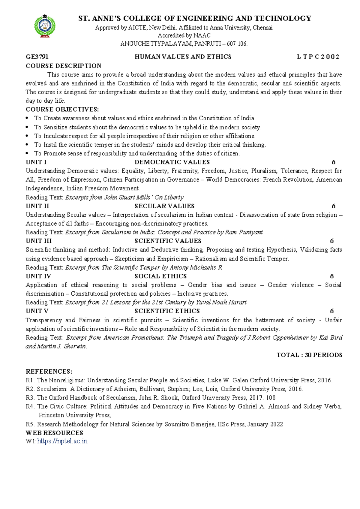 GE3791 Human Values and Ethics Course Syllabus Overview - Studocu