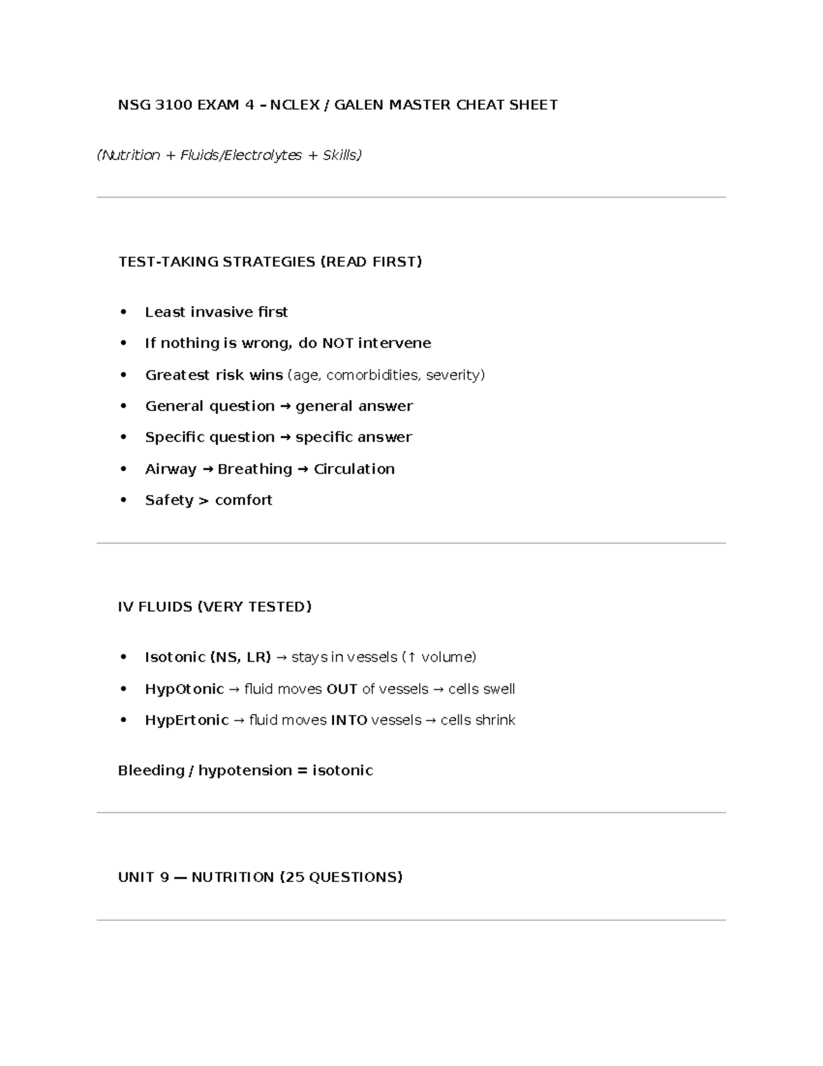 NSG 3100 EXAM 4 NCLEX Nutrition & Fluids Cheat Sheet - Studocu