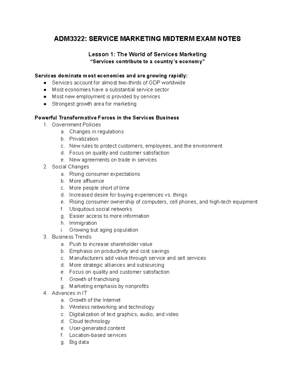 ADM3322 Service Marketing Midterm Exam Study Guide and Notes - Studocu